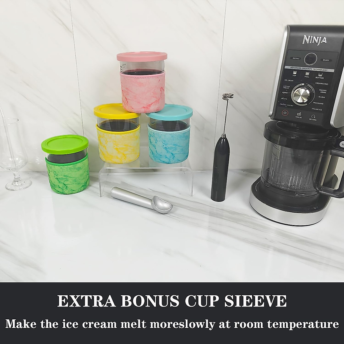 for Ninja Creami Deluxe Pints and Lids 4 Pack with Neoprene Sleeve,24OZ Family Ice Cream Storage Containers for Ninja Creami Maker 11-in-1 NC501 NC500 Series (Dishwasher Safe Reusable Leak Proof)