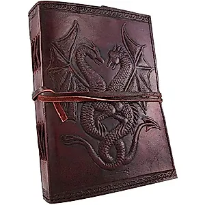 AzureGreen DOUBLE DRAGON Blank Page BOOK Handcrafted Leather Writing Unlined 5 x 7 JOURNAL (Brown)
