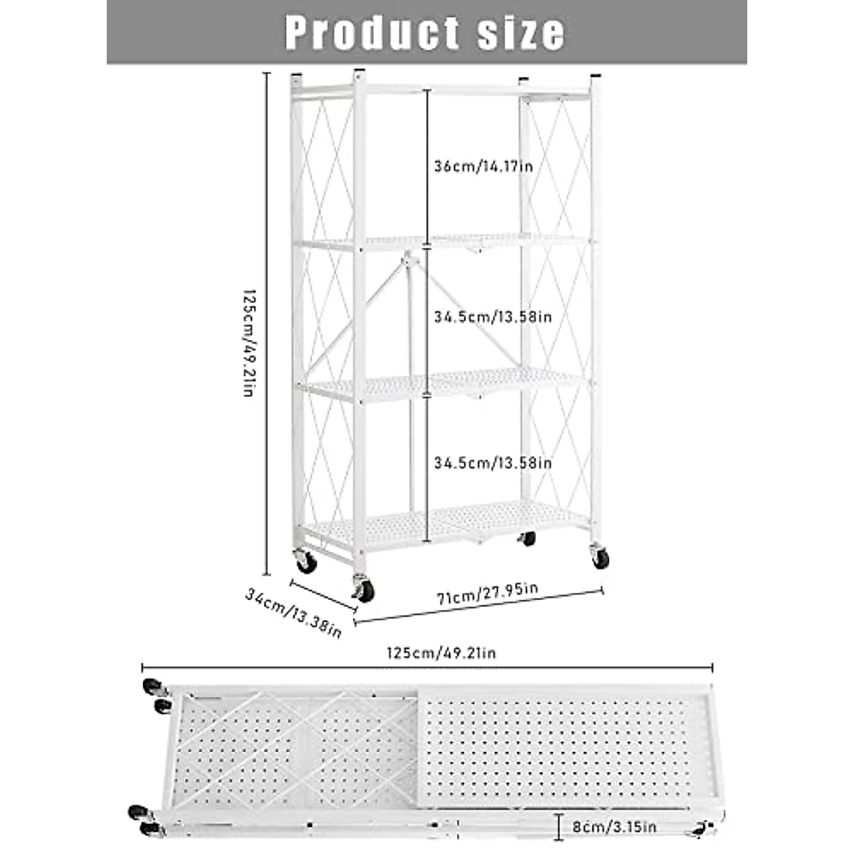 4 Tier Foldable Shelving Unit, Lanstics Folding Shelves Heavy Duty Storage Shelving with Wheels Metal Shelf Standing Shelves Units for Home Kitchen Living Room