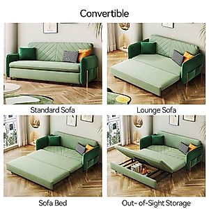 comfor u 79" King Sleeper Sofa Green Upholstered Convertible Sofa Bed 3 in 1 Sleeper Sofa Couch Bed, Small Tufted Velvet Convertible Loveseat Futon Sofa w/Pullout Bed, Multi-Pockets for Living Room