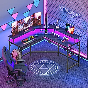 Huuger L Shaped Gaming Desk with Power Outlets & LED Lights, Computer Desk with Monitor Shelves, Carbon Fiber Surface, Home Office Desk, Corner Gaming Desk with Hooks, Black