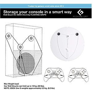 Xbox One S Wall Mount Solution by FLOATING GRIP - Mounting Kit for Hanging Game Consoles - Strong & Slim Ropes - Easy-to-Install System (Bundle: Fits XBOX One S + 2x Controllers, white)