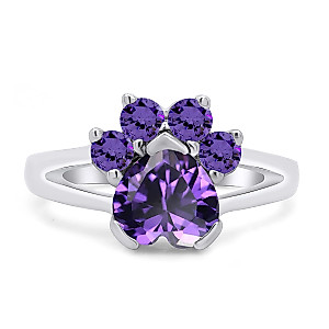Wishrocks Heart & Round Cut Simulated Amethyst Paw Print Ring Jewelry For Women In 14k White Gold Over Sterling Silver Ring Size- 14