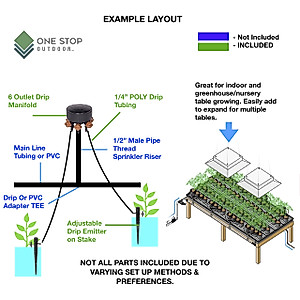 USA Made (6-Plant) - DIY Grow Kit - Great Hydroponics Drip Irrigation Kit - Includes 50ft 1/4 Inch Drip Tubing, 360 Adjustable Emitter Stakes, 6-Outlet Adjustable Manifold 0-20GPH 1/2” FPT (6-Plant)