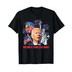 Funny Joe Biden Merry Christmas In July USA Flag 4th Of July T-Shirt