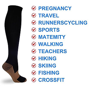 Double Couple 7 Pairs Copper Compression Socks for Men Women 20-30 mmHg Knee High Stockings
