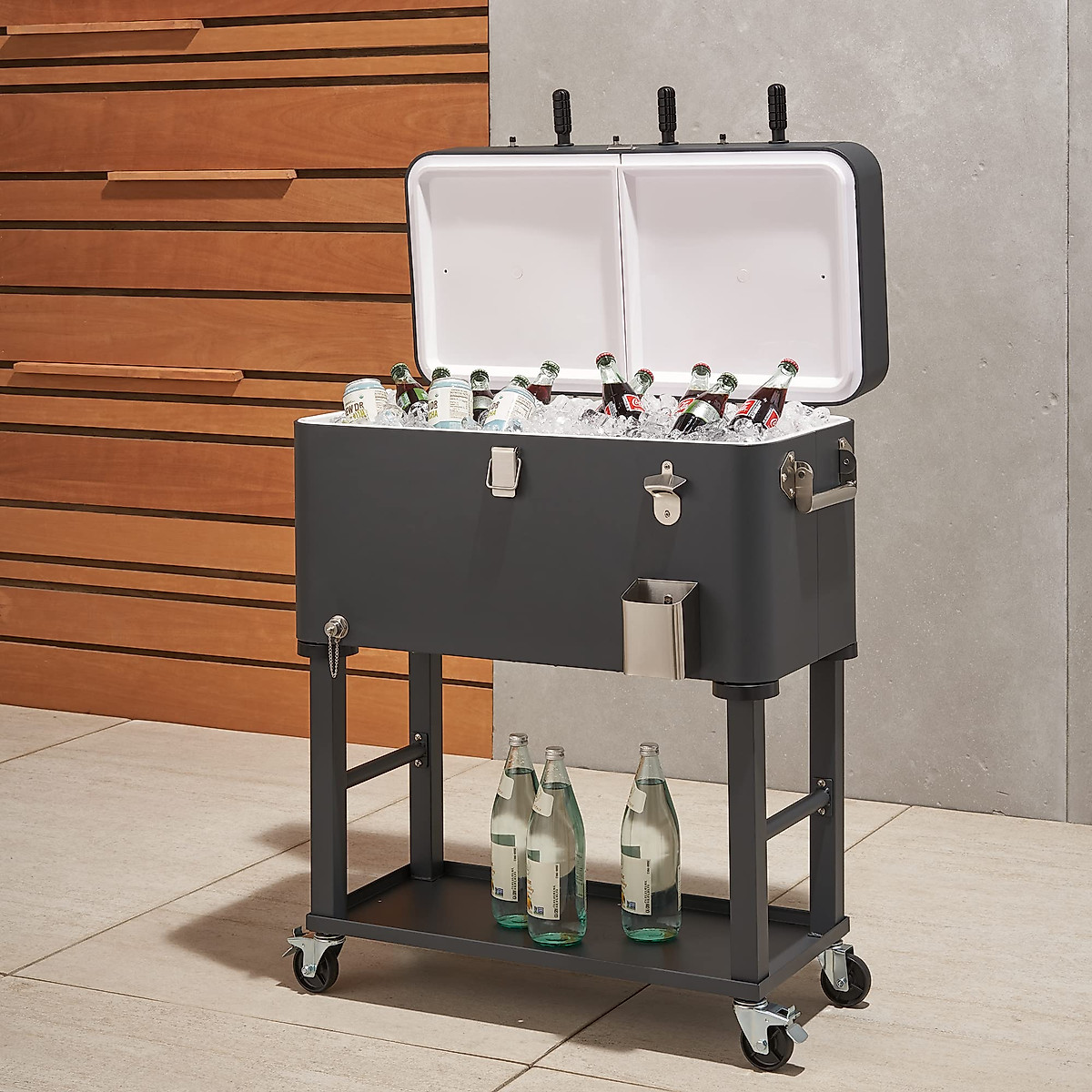 TRINITY 80 Quart Beverage Cooler and Ice Chest with Foosball Table Top and Bottle Opener, Rolling Cart and Storage Shelf, Detachable Tub, 96 Can Capacity, includes Protective Cover, Charcoal Gray