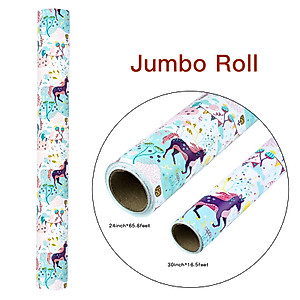 WRAPAHOLIC Jumbo Reversible Unicorn Wrapping Paper - Jumbo Roll - 24 Inch x 65.5 Feet - Girls Birthday Wrapping Paper for Kids Girls Birthday, Baby Shower