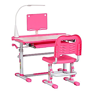 Qaba Kids Desk and Chair Set, Height Adjustable School Study Table and Chair, Student Writing Desk with Tilt Desktop, LED Light, Pen Box, Drawer, Reading Board, Cup Holder, and Pen Slots, Pink