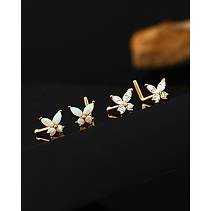 Jewseen 14K Butterfly L-Shape Nose Rings Cubic Zirconia Nose Studs 20G Nose Rings for Women Nose Piercing Jewelry Body Piercing Jewelry