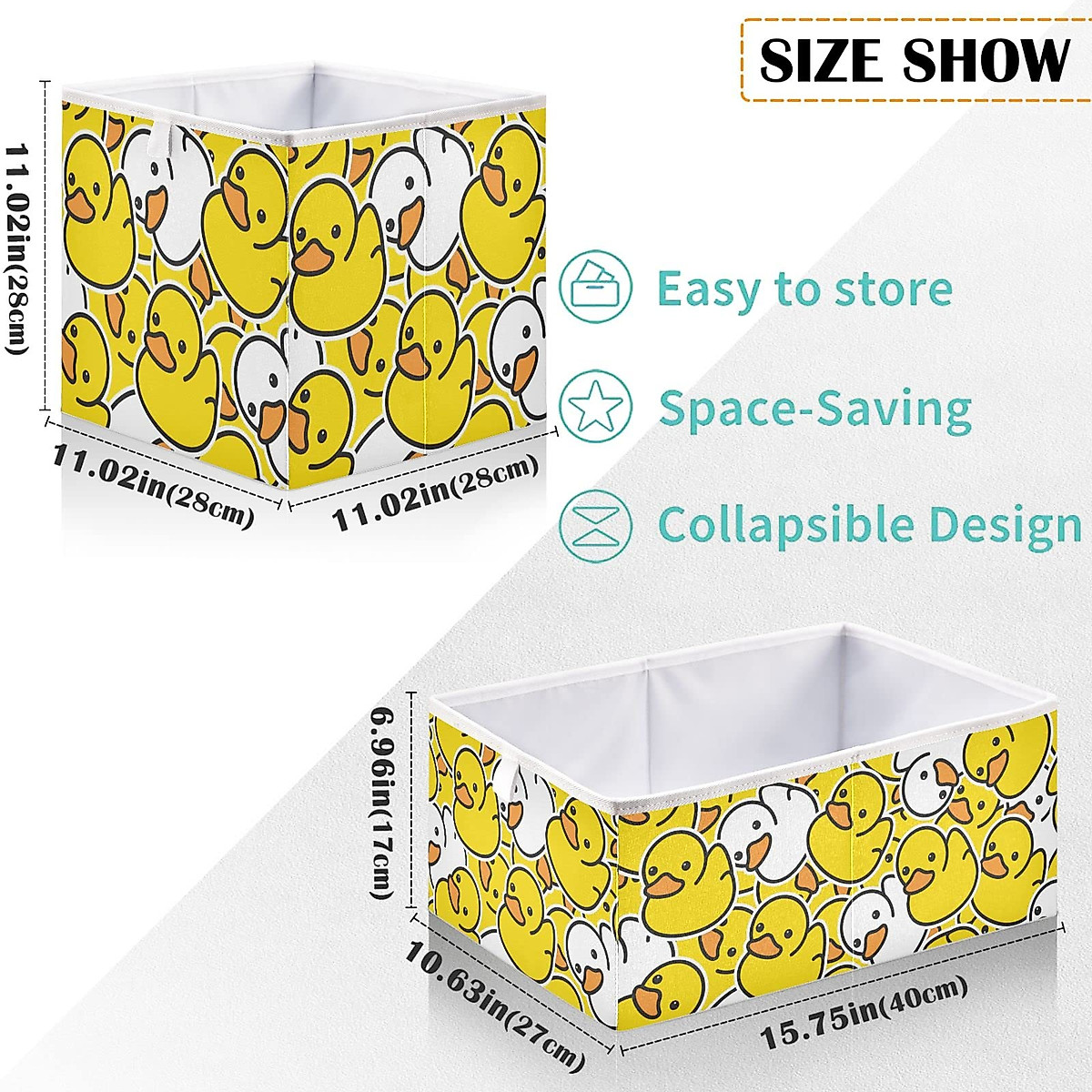 visesunny Square Storage Bins Duck Rubber Ducky Cartoon Storage Baskets Canvas Fabric Storage Boxes Foldable Nursery Basket for Clothes,Books,Toys,Shelves,Gifts