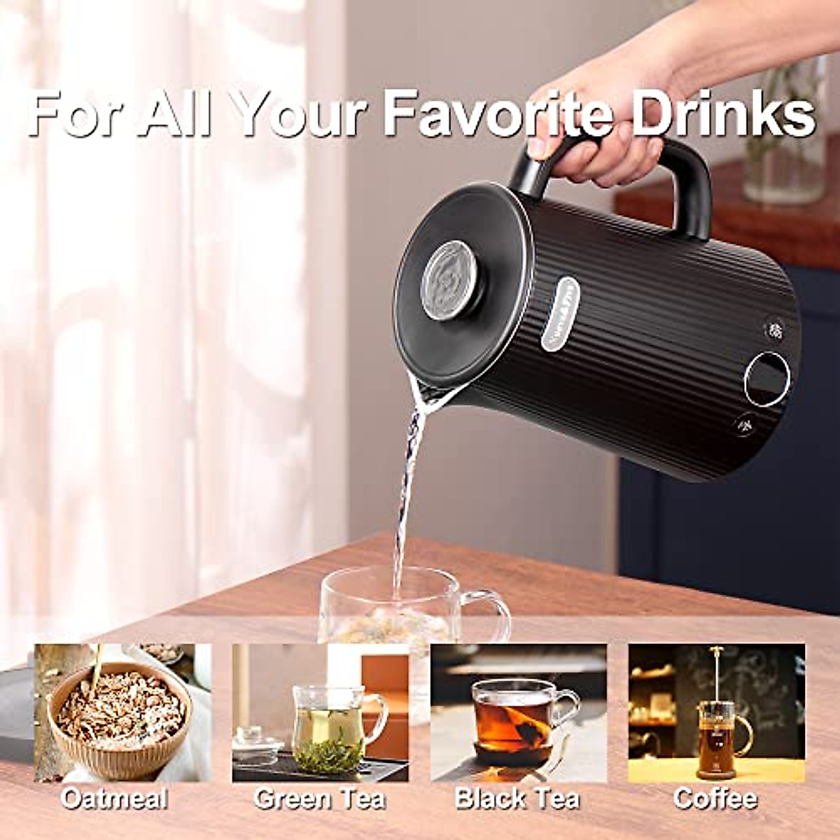 Nueve&Five Electric Kettle with Digital Temperature Display(℉/℃), 1.7L Double Wall Electric Hot Water Kettle, Auto Shut Off, 1200W Seamless 304 Stainless Steel Electric Tea Kettle -Black