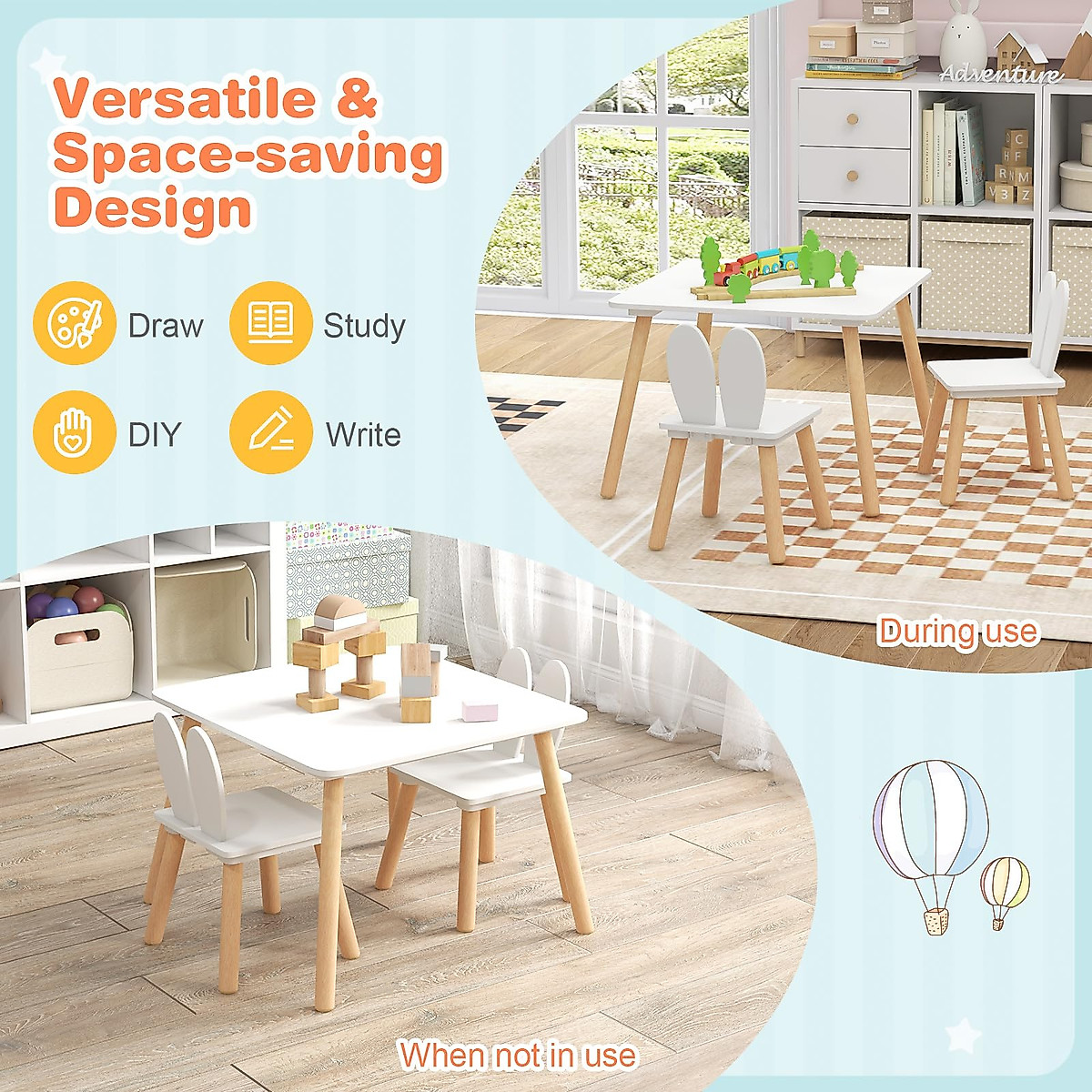 HONEY JOY Kids Table and Chair Set, Children Wooden Activity Table & 2 Chairs Set, Solid Wood Legs, Easy Assembly, 3 Piece Rabbit Themed Toddler Furniture Set for Art Craft (White)