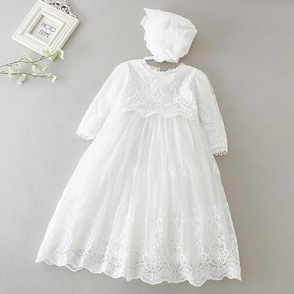 Leideur Baby Long Christening Gowns White Baptism Dress Special Occasion Dresses for Girls Birthday (6 Months, White 1)