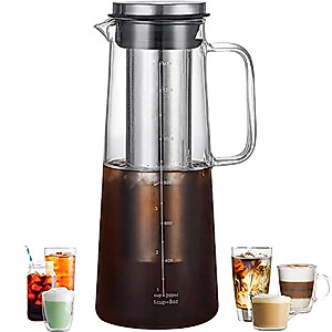 Cold Brew Coffee Maker with Lid and Handle 47oz / 1.4 Liter, Durable Glass Pitcher Carafe, Stainless Steel Mesh Filter Infuser, Dishwasher Safe, for Iced Coffee, Cold Brew, Juice, Tea & More