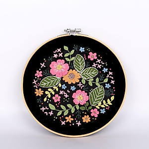 Stamped Embroidery Starters Kits with Pattern for Beginners Little Pink Flowers with Hoops Black Cloth Threads Needlework Art Cross Stitch Kits for Adults Students Home Decoration