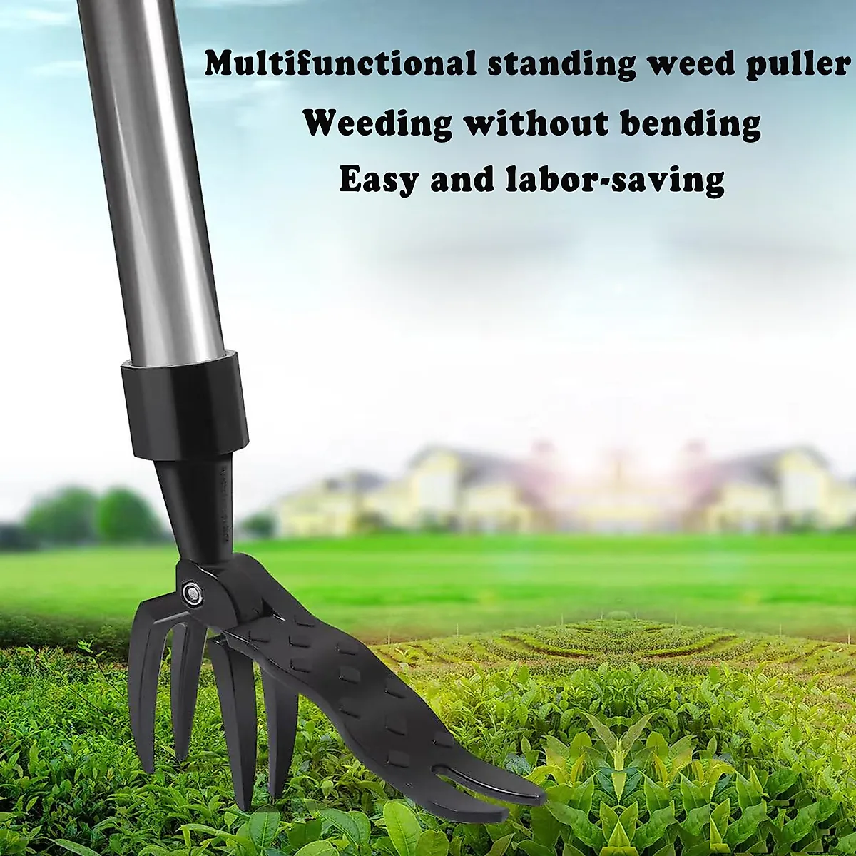 Weeder Stand Up Weed Puller Tool with Long Handle 4-Claw Steel Head Design Weeding Tool Easily Remove Without Bending, Kneeling, or Pulling for Vegetable Gardening Backyard Farm Weeding