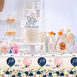 3 Pieces Gender Reveal Tablecloths Boy or Girl Table Cover Balloons and Floral Print Plastic Tablecloth Navy and Pink Table Cover for He or She Baby Shower Gender Reveal Party Decorations Supplies