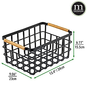 mDesign Metal Wire Food Organizer Storage Bin Basket with Bamboo Handles for Kitchen Cabinets/Pantry Organizing - Farmhouse Decor - Yami Collection - 4 Pack - Matte Black/Natural