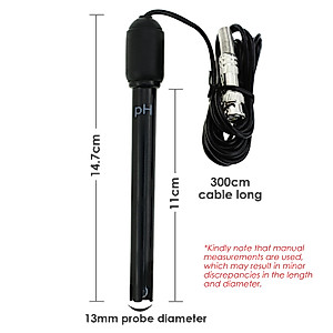0-14 pH Electrode Probe BNC Connector, 300cm Cable for PH Meter Monitor Controller Test Sensor, Replacement Kit for Aquarium Hydroponics Plant Pool Spa