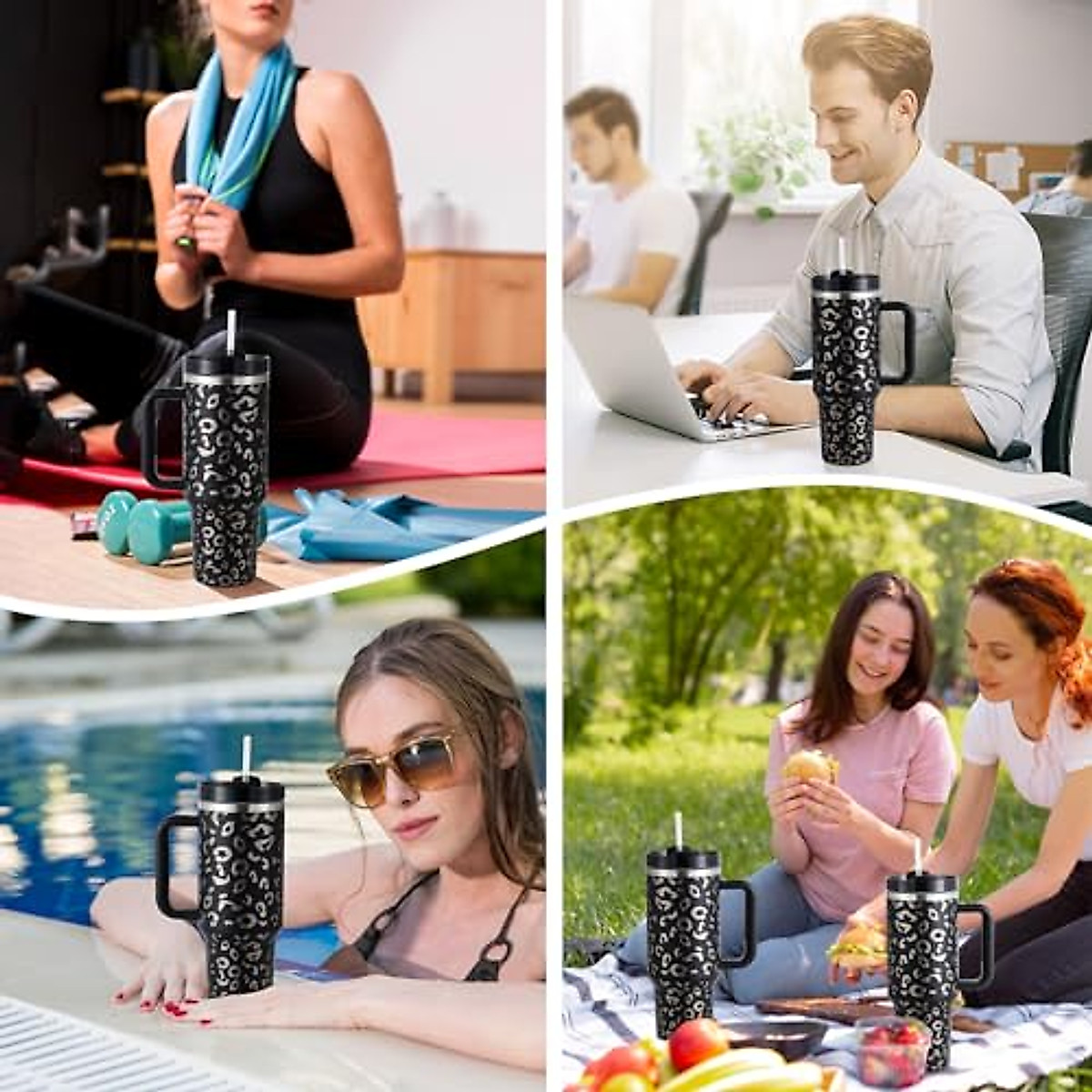 PIMDIR Black 40oz Leopard Tumbler With Handle Straw Lid, Insulated Stainless Steel Travel Cup iced Coffee Mug Keep Cold, Birthday Gifts For Women Men Lovers, Car Cup Holder Friendly