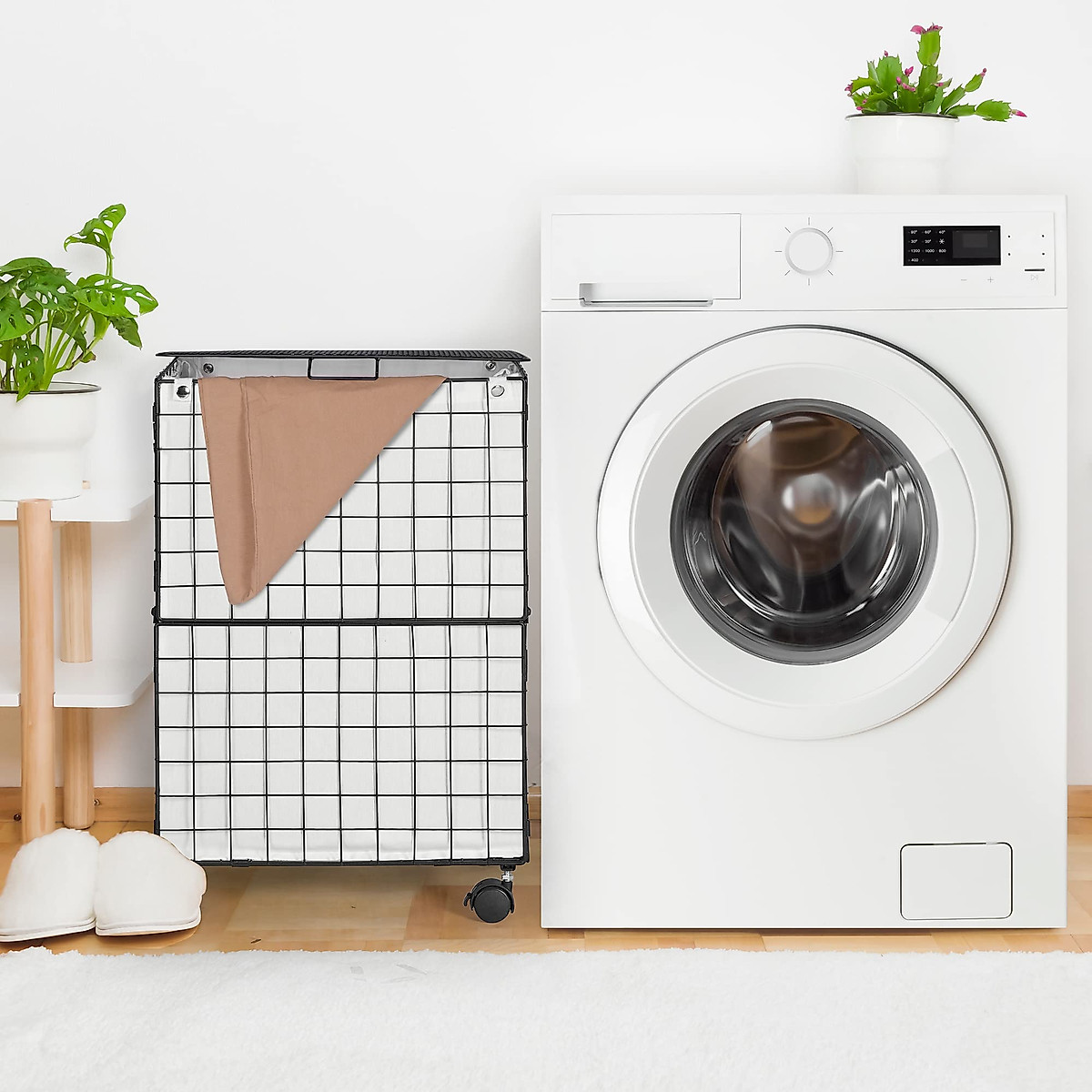 ELYKEN 2 Pack Laundry Hamper with Lid and Wheel, Rolling Metal Wire Frame Dirty Clothes Basket for Small Bathroom, 61L Capacity Liner Bag with Handle, Heavy Duty Steel Cover Bedroom Organizer White