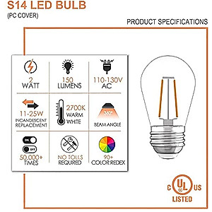 winsaLED Outdoor Light Bulbs, Replacement Bulbs for Outdoor String Lights, 2W Low Watt Light Bulbs for String Light Bulbs Replacement, UL S14 E26 120V 2700K Shatterproof 15 Pack
