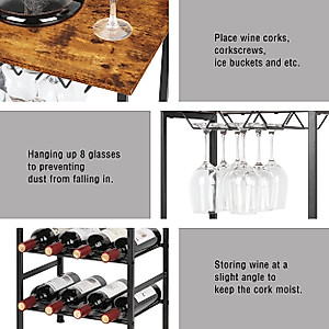 YBING Wine Rack Freestanding Floor Wine Bar Rack with Glass Holder and Tabletop 8 Bottle Wood Wine Tables with Racks 4 Tier Wine Bottle Organizer Display Storage Stand , Rustic Brown