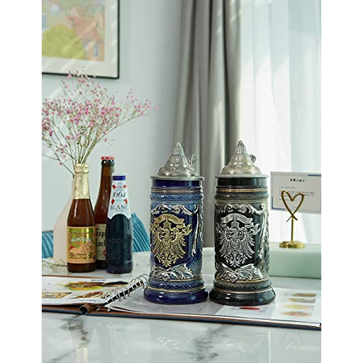 HAUCOZE Beer Stein Mug German Eagle Medallion Stanley Viking Tankard with Petwer Lid Birthday Gifts 0.6Liter