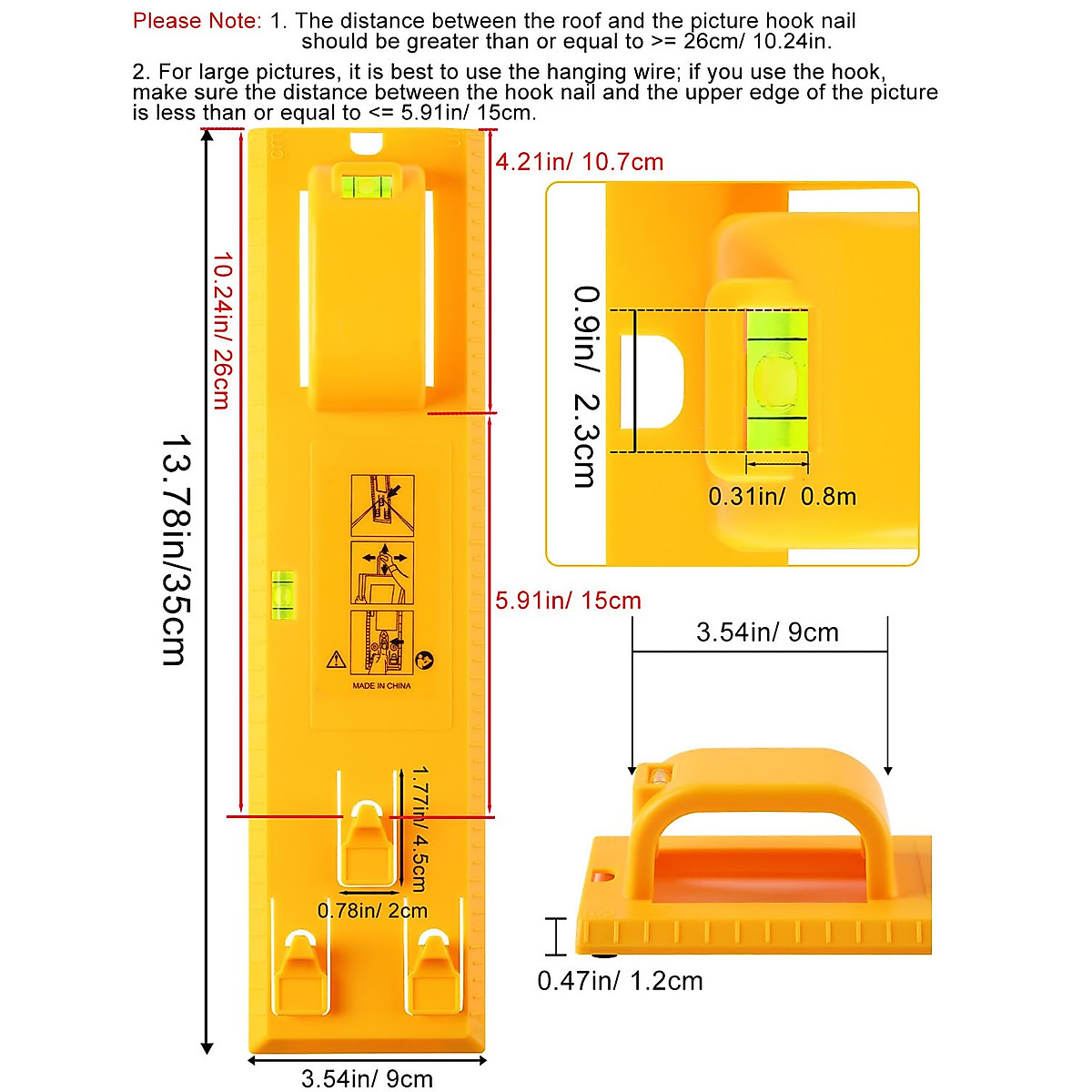 Stalishare Goodsnova Picture Hanging Tool with Level and Position Nail, Instaframe Kit Quick Hang and Level, Easy Picture Hanger Helper for Wall Frame/ Art/ Painting/ Photo/ Poster (Plastic, Yellow)