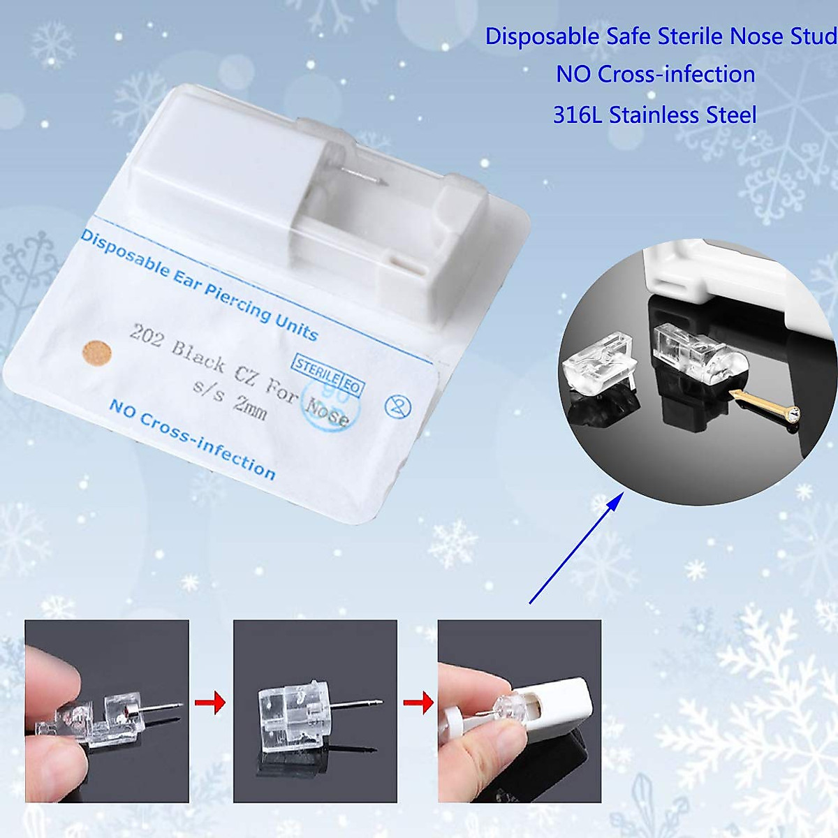 Silver Angel Nose Piercing Kit Gold Color 20G Nose Stud Disposable 16L Steel Needles Piercing Safety Self Body Piercing Kit Tool (1 Pack)