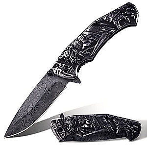 Pocket Knife for Men, Folding Knife With Clip & 3D WOLF Relief, Embossed Edc Knife For Men Outdoor Survival Camping Hiking hunting (Black)