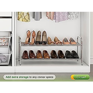 SKIKEN 2-Tier Low Shoe Rack, 100% Stainless Steel, Small Expandable Shoe Rack, Stretchable Rod, No Rust, Easy to Care, Simple Metal Storage Rack For Entrance, Stairs Side, Closet, Bathroom