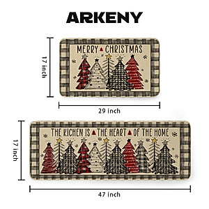 ARKENY Merry Christmas Kitchen Rugs Set of 2 ， Red Xmas Tree Floor Mat,Farmhouse Style Kitchen Decorations for Door Mats- 17x29 and 17x47 Inch AKM001
