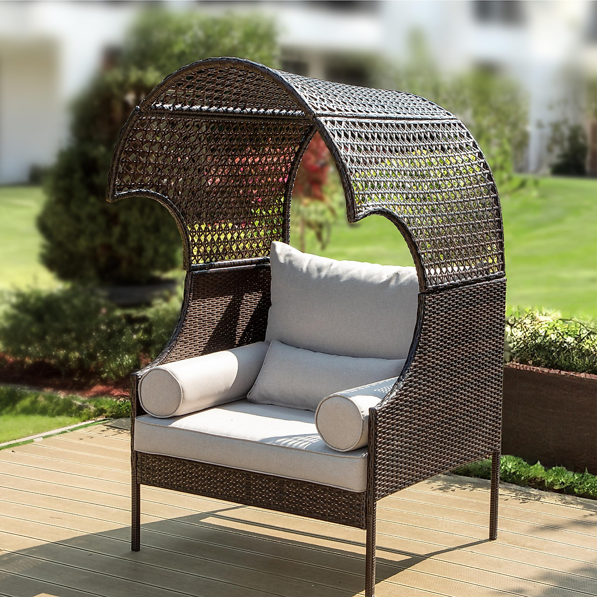 Sophia & William Outdoor Couch Egg Lounge Chair - Wicker Sofa for Patio with Removable Canopy, Rattan Single Sofa with High Backrest and Anti-Slip Cushions