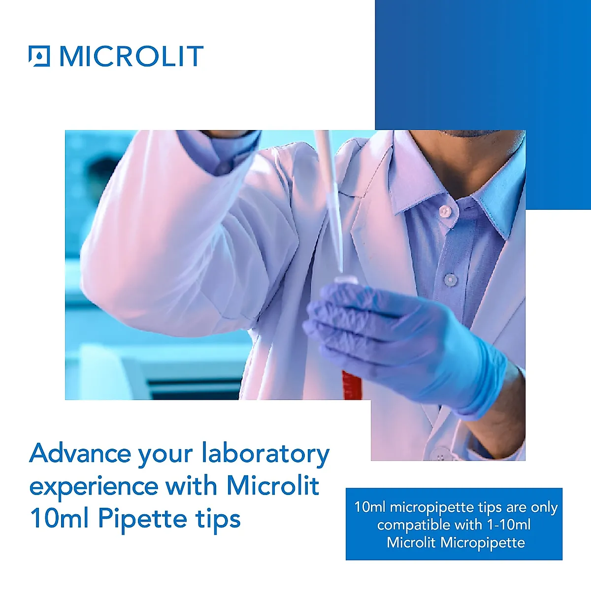 MICROLIT - 10 mL Micropipette Pipette Tips, Low-Retention Hydrophobic Transfer Pipette Tips, Nonpyrogenic Sterile Plastic, Clean-Release Laboratory Pipette Tips, 100 Count