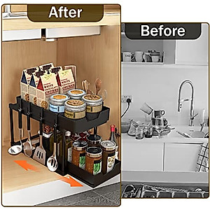 Under Sink Organizer,2 Tier Under-Sink Organizers with Pull Out Sliding Drawers 4 Hooks 2 Cups Black Under Sliding Cabinet Basket Organizer for Bathroom Kitchen