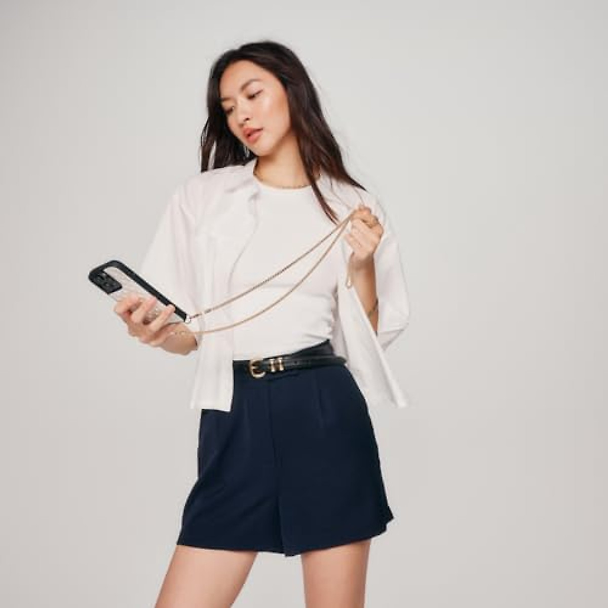 Bandolier Sheila Crossbody Phone Case and Wallet for iPhone 15 Pro - Pyramid Studded Vegan Leather with Gold Snake Chain Strap