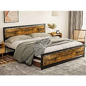 IKIFLY Industrial Metal King Size Bed Frame/Farmhouse Metal Platform Bed with Wooden Headboard Footboard/Heavy Duty Steel Slats Support/No Box Spring Need, Easy Assembly（King, Rustic Brown）