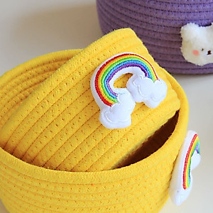 Set of 2 Small Woven Storage Baskets for Organizing,Small Cotton Rope Baskets Decorative Small Round Storage Bins for Desk Kids Socks Toys and Gifts (Yellow)