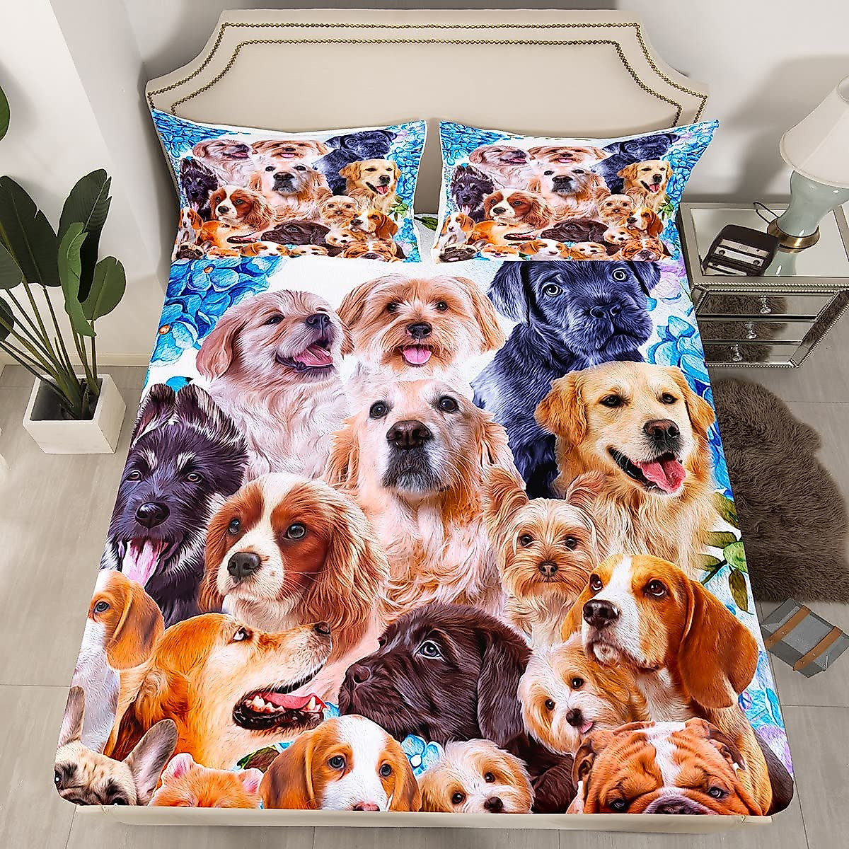 Cute Puppy Dog Bedding Fitted Sheet Cartoon Pet Pug Dog Bulldog Bed Sheet Set Kids Boys Girls Dog Lover Animal Design Bedding Sheets Various Puppy Bed Cover Bedroom Collection 4Pcs Bedding Full