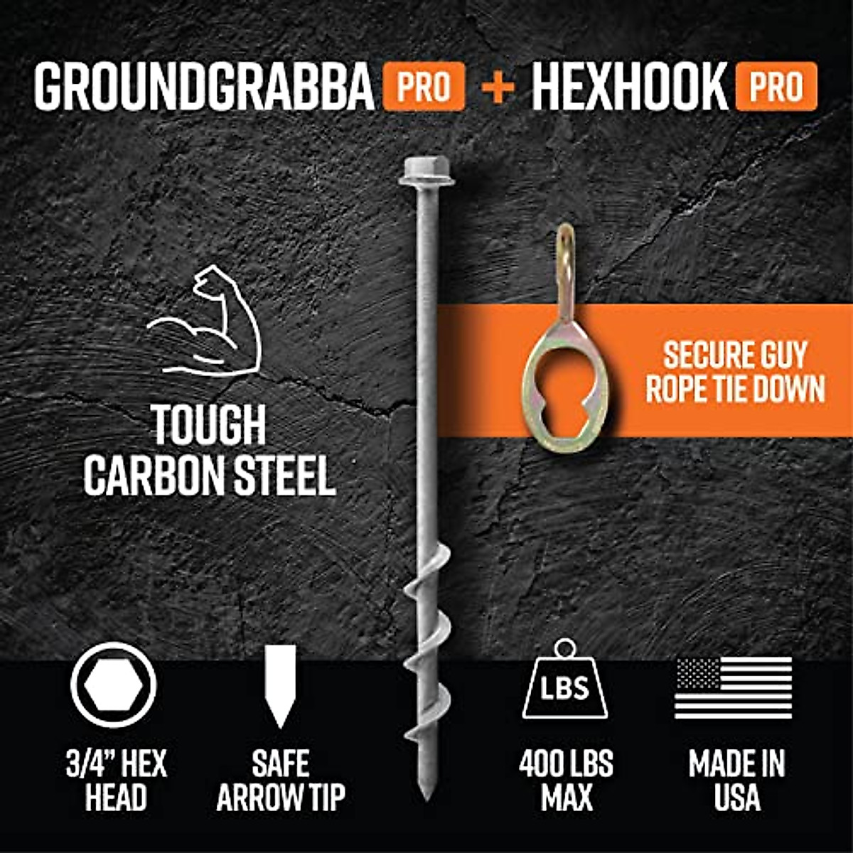 GROUNDGRABBA Ground Anchor Screw Kit - 4X Hexhooks & 4X 1 Ft Ground Anchors Heavy Duty for High Winds | Ground Anchor Kit for Swing Sets | Screw in Anchor for Pop-Up Canopy, Tents and More