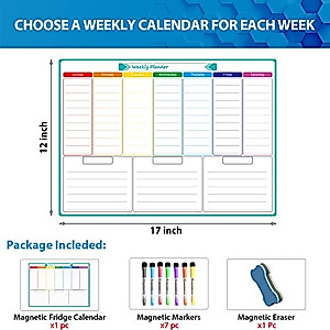 ‎MaxGear Weekly Dry Erase Board for Fridge, Magnetic Calendar Whiteboard Planner for Refrigerator with Stain Resistant Technology, Include 7 Fine Point Markers and 1 Eraser, 17"x12"