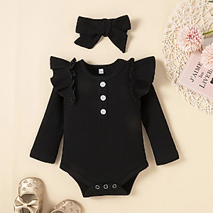 Newborn Baby Girl Clothes Infant Girls Outfits Long Sleeve Ruffle Romper + Leopard Print Pants + Headband Set Black 12-18months