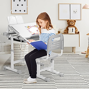 Rengue Kids Desk and Chair Set Height Adjustable School Study Desk and Chair with 55° Tiltable Desktop, 3 Modes&3 Brightness LED Lamps, Storage Drawer and Metal Hook for Boys Girls, Grey