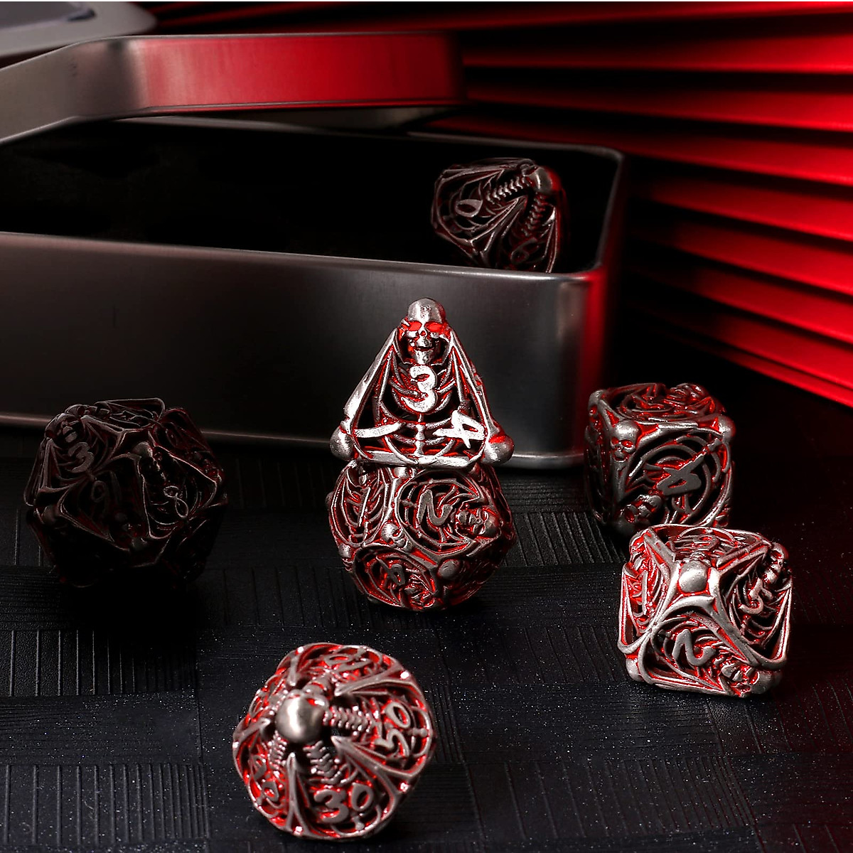 DND Dice Set Polyhedron Dice Skull Hollow Metal Dice for Dungeons and Dragons Role Playing Games PCCECQEE Dice 7PCS D&D Set Collection Gifts (Red)
