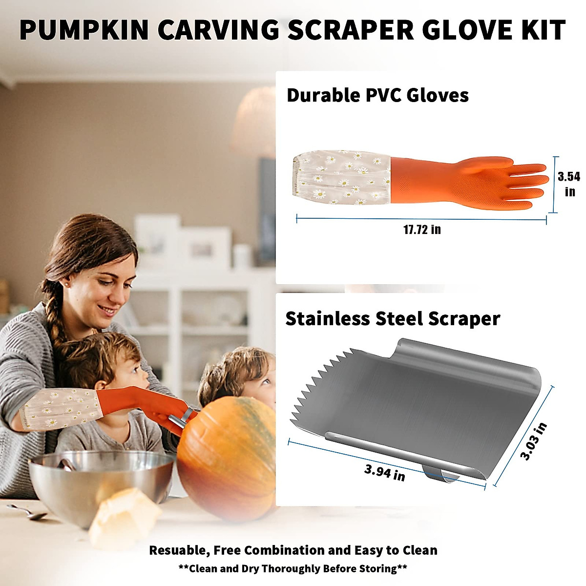 LASGU 2 Pcs Pumpkin Carving Scraper Glove Kit,Ergonomically Designed Pumpkin Carving Tool with 2 Pumpkin Scrapers Gloves & Pumpkin Knife for Halloween