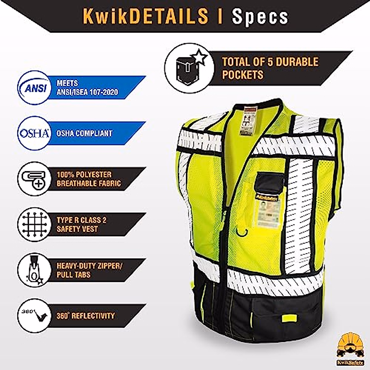 KwikSafety - Charlotte, NC - SPECIALIST Safety Vest [Multi-Use Pockets] Class 2 ANSI OSHA High Visibility Reflective Heavy Duty Solid Mesh HiVis Construction Surveyor Work Men/Black Medium