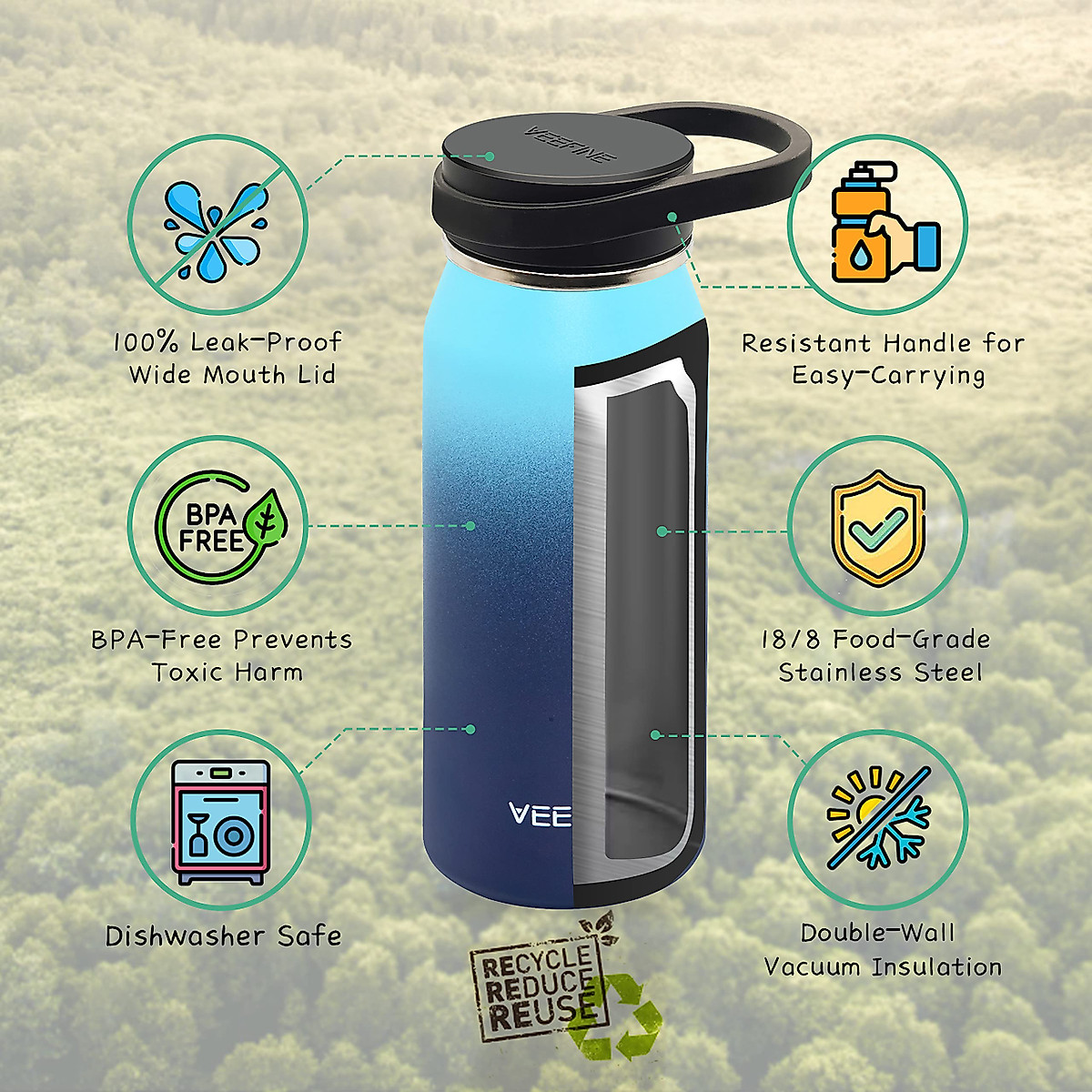 VEEFINE Insulated Water Bottle Dishwasher Safe Metal Water Bottle BPA-Free Stainless Steel Water Bottles 20/32/40oz Reusable Thermos for Hiking Camping and School