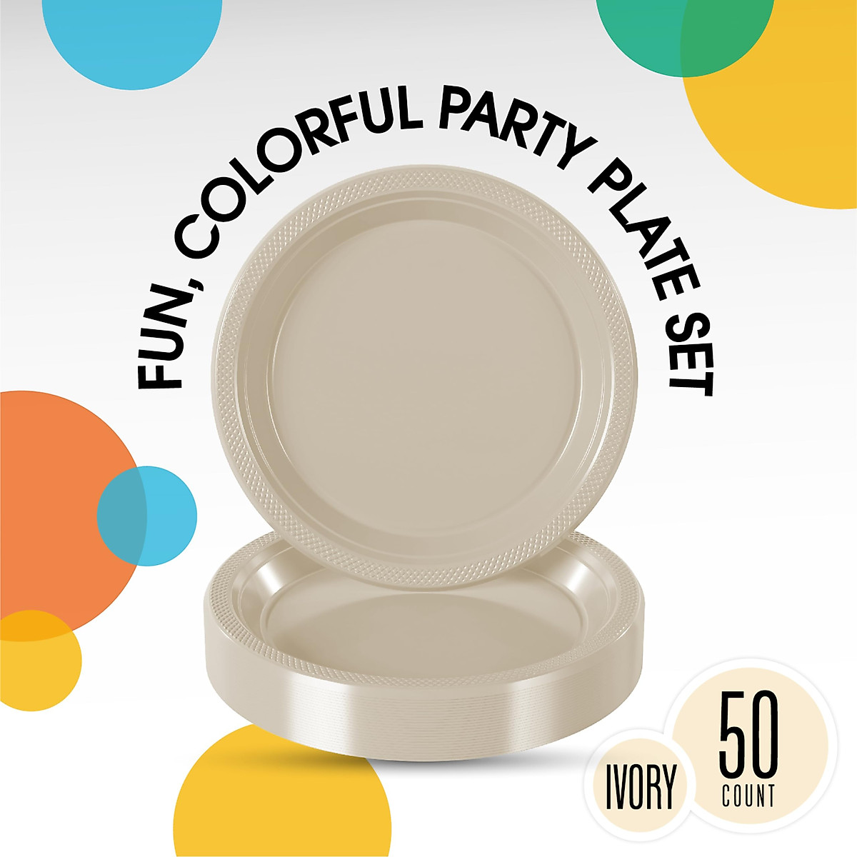 Exquisite Ivory Plastic Plates For Party 7" Ivory Disposable Plates For Party Supplies 50 Pcs Disposable Dinner Plate Heavy Duty 350 GSM Plate Sets, Plastic Dinnerware Sets